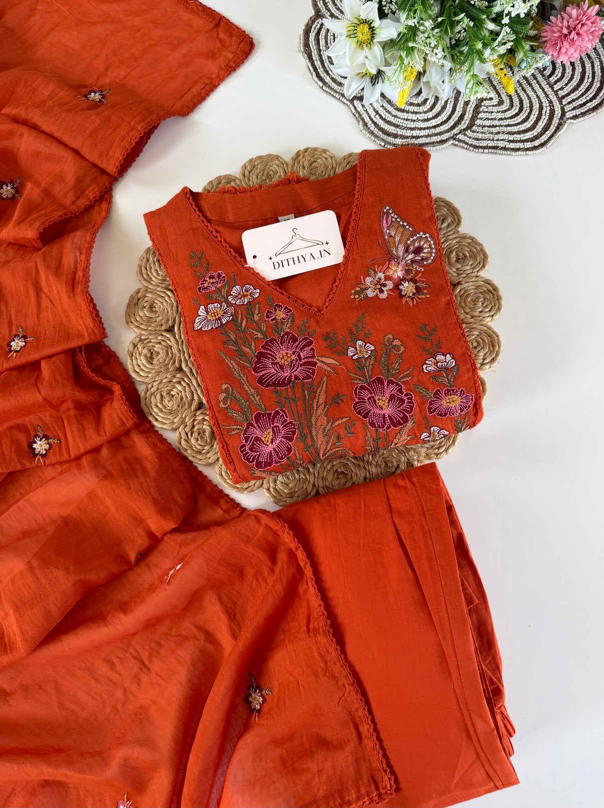 K251 - Mul cotton embroidered Anarkali with pants and dupatta – Dithya.in