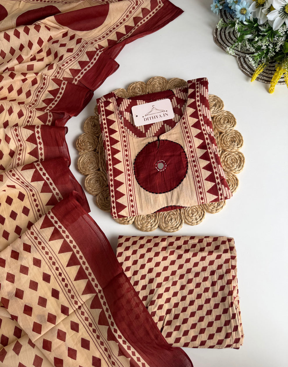 K702 - Mul cotton embroidered Aline Kurti with pants and dupatta ...