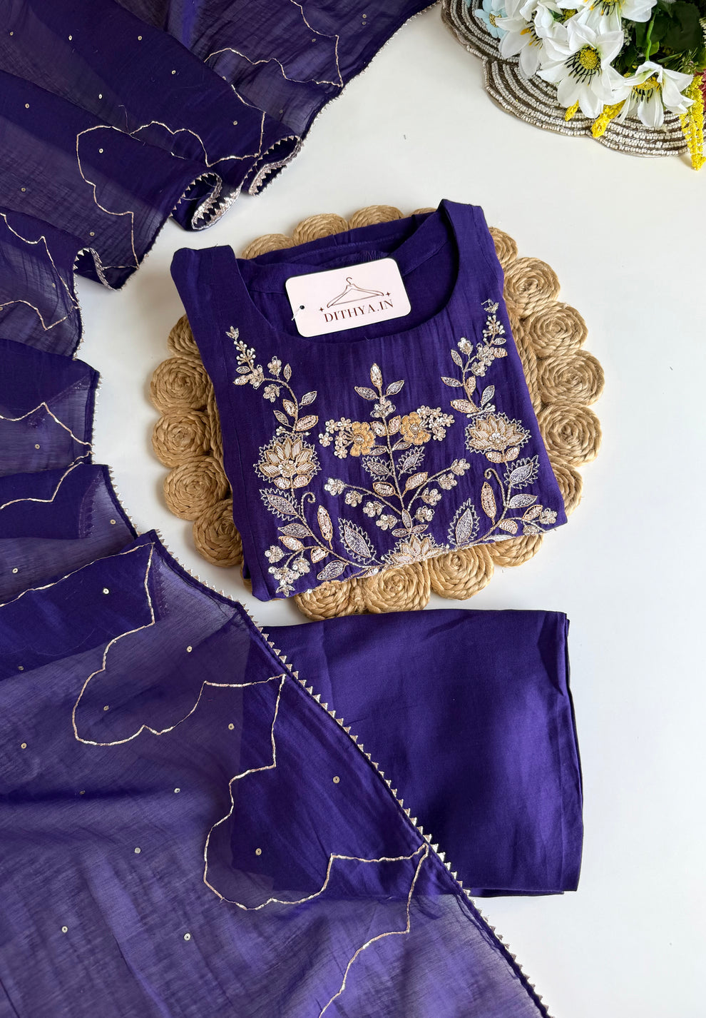 K082 - Mul chanderi handwork Anarkali with pants and dupatta – Dithya.in