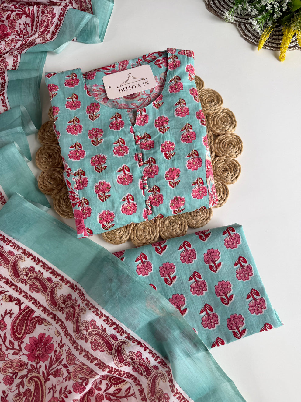 K700 - Mul cotton floral Anarkali with pants and dupatta – Dithya.in