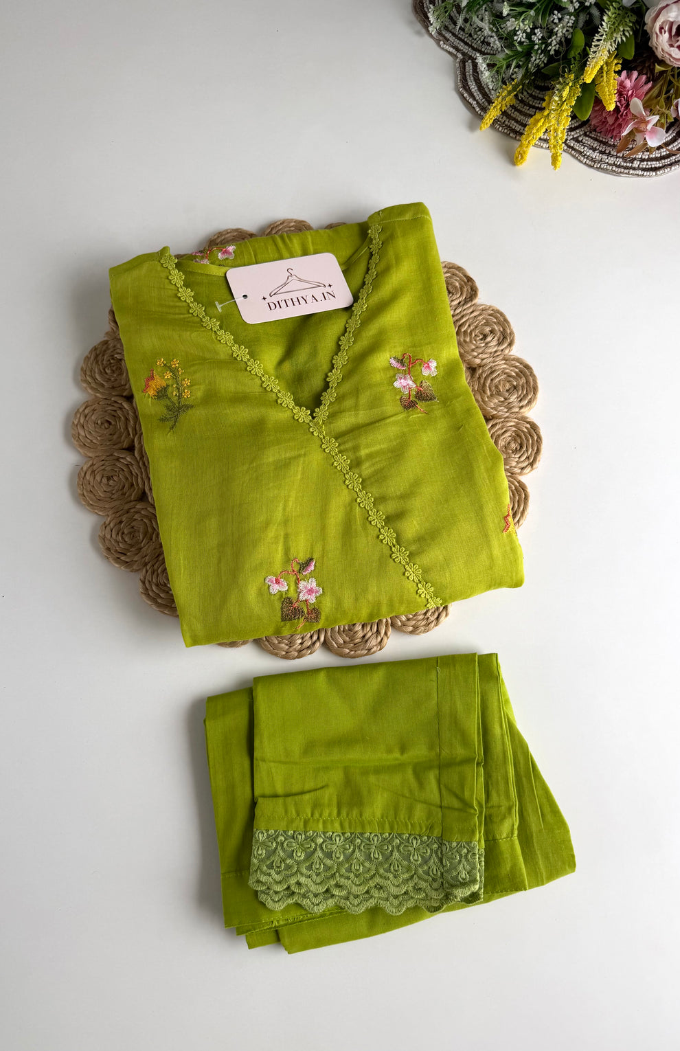 K683 - Mul cotton embroidered Aline Kurti with pants and dupatta ...
