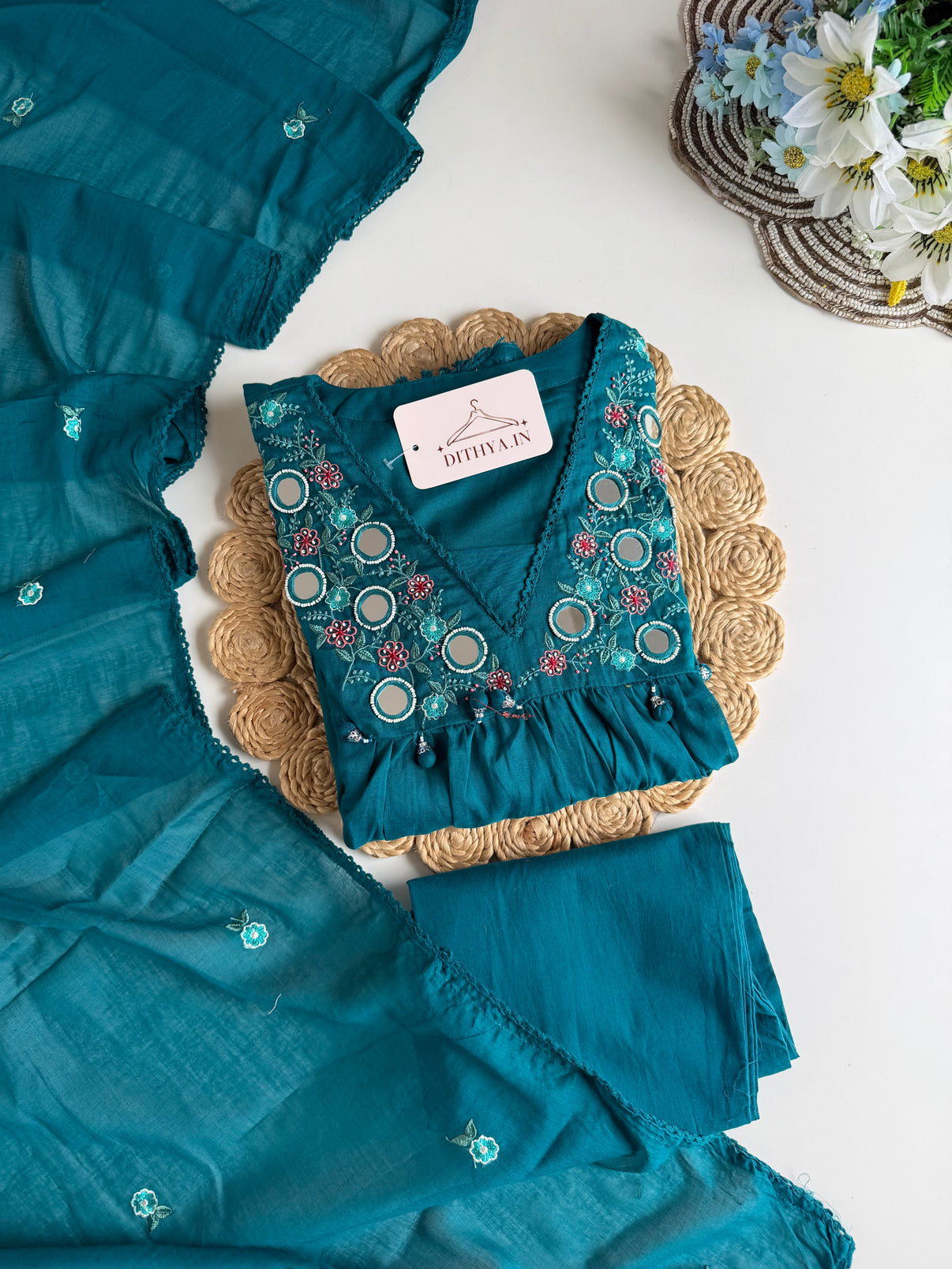 K231 - Mul cotton embroidered Anarkali with pants and dupatta – Dithya.in