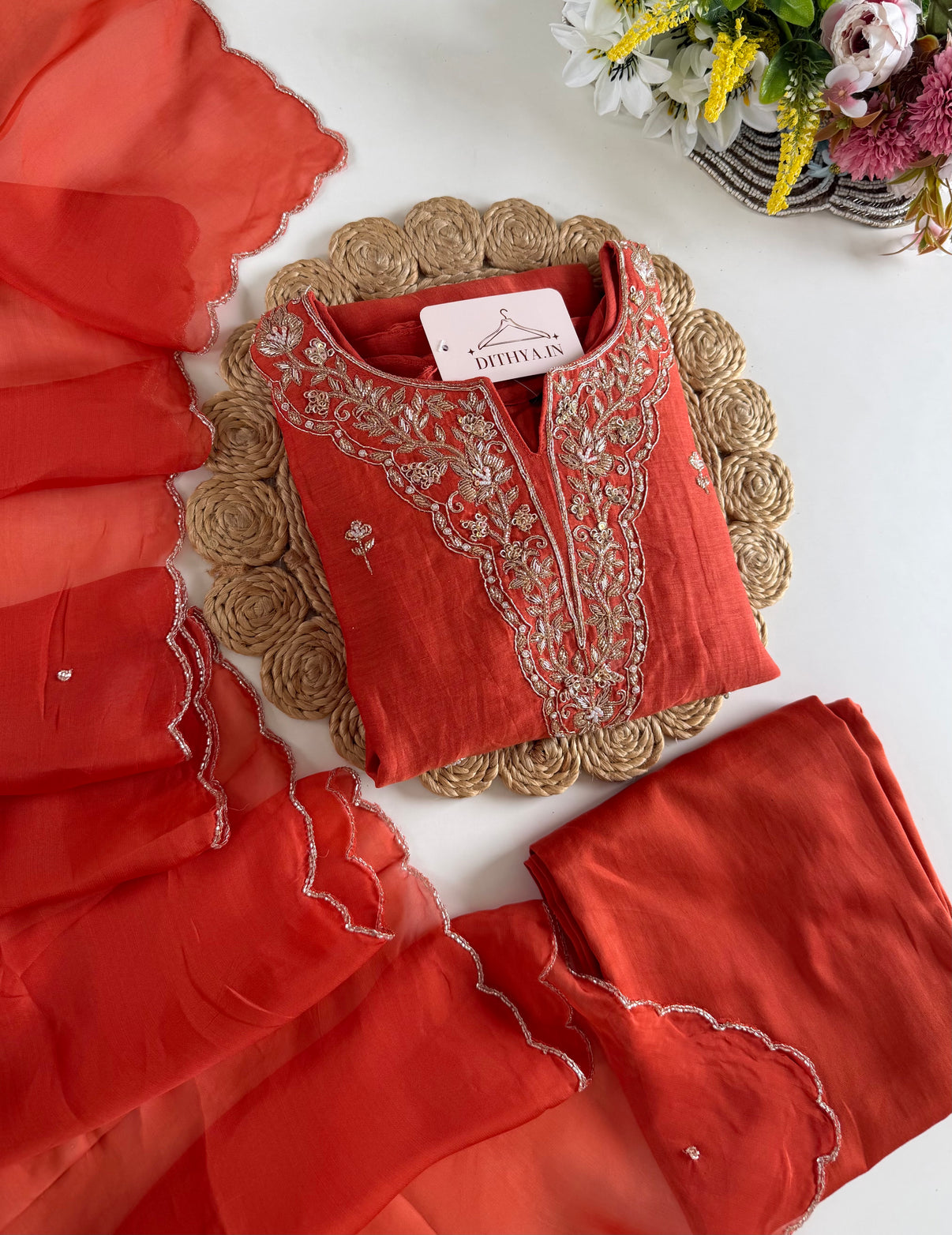 K621 - Mul chanderi handwork aline Kurti with pants and dupatta – Dithya.in